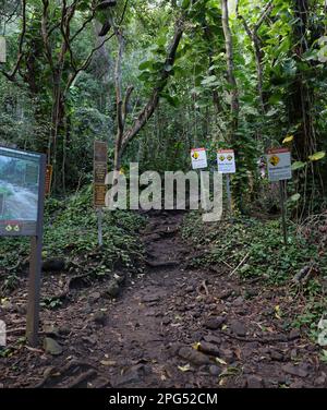 Six warning signs at the beginning of the Kalalau Trail in Kauai ...