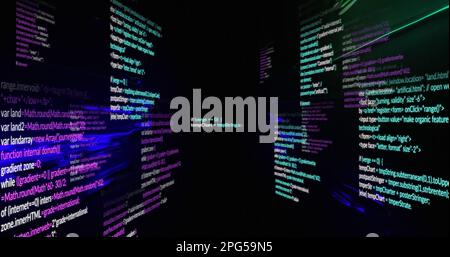 Image of light trails and data processing over black background Stock ...