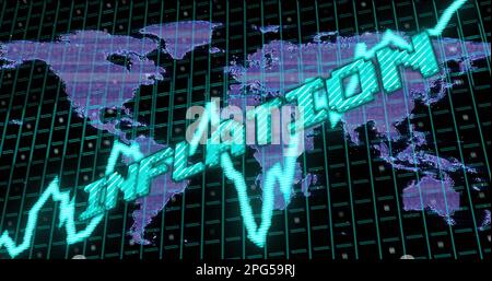 Image of inflation text in blue over graph and world map with data processing Stock Photo - Alamy