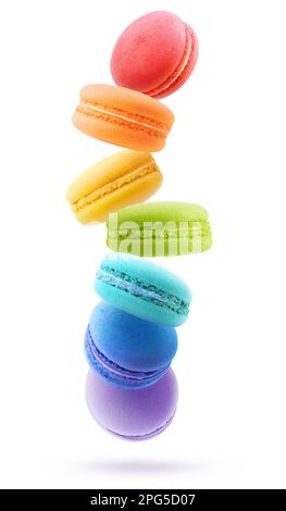 Falling macaroons of rainbow colors, isolated on white background Stock ...