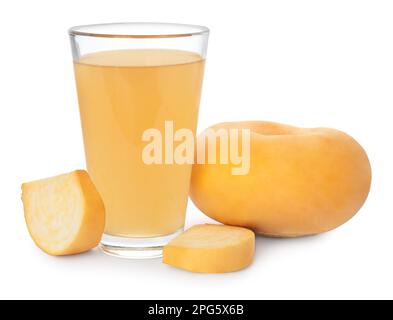 Glass of freshly made turnip juice on white background Stock Photo - Alamy