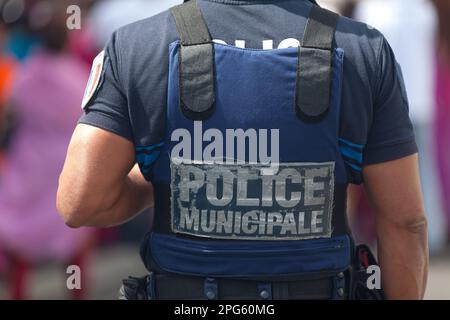 Saint Denis, Reunion - August 25 2015: Police officer in bulletproof ...
