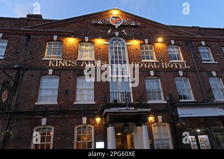The Kings Arms and Royal Hotel at dusk, signs and light fittings, 22-25 ...