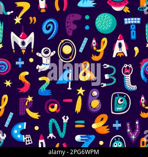 Kids space cartoon letters and numbers seamless pattern. Vector ...