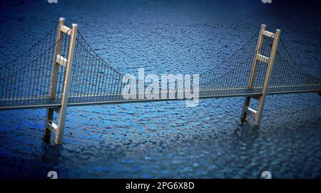 Suspension bridge across the sea connecting two sides of the land. 3D ...