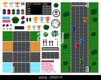Pixel race game top view. Motorsport competition road, racetrack ...