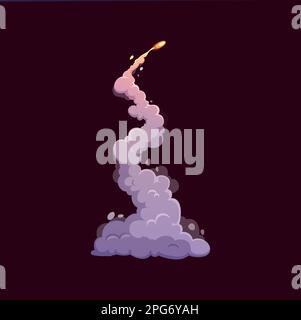 Cartoon rocket smoke trails with vector fire and clouds. Space rocket ...