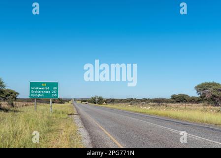 A distance road sign on the N8 road between Kimberley and Griekwastad ...