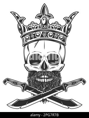 King skull in crown and machete sharp knife melee weapon of hunter in ...