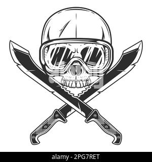 Skull without jaw in construction hard hat helmet with crossed machete ...