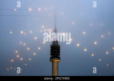 Radio and TV antenna Gerbrandytoren with lights on the guy wires that ...