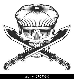 Machete with flat cap icon, sharp knife melee weapon of hunter in ...