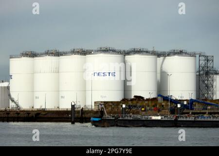 Storage tanks of Neste in the port of Vlaardingen close to Rotterdam ...