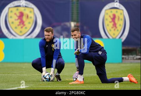 Scotland goalkeeper Zander Clark (right) during a training session at ...