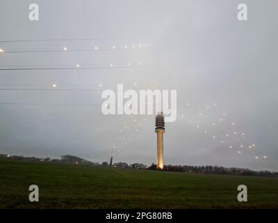 Radio and TV antenna Gerbrandytoren with lights on the guy wires that ...