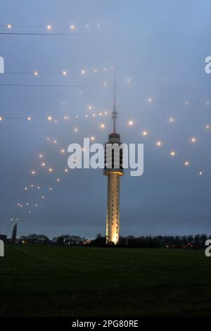 Radio and TV antenna Gerbrandytoren with lights on the guy wires that ...