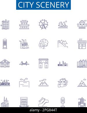 City scenery line icons signs set. Design collection of Urban ...