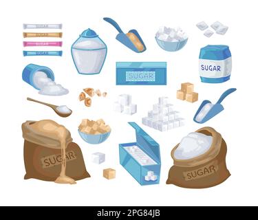Cartoon sugar. Cube sugar, granulated and crystalline sugar, sugar in ...