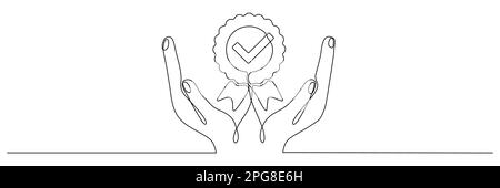 Hands hold award badge continuous line drawing. Approval check sign ...