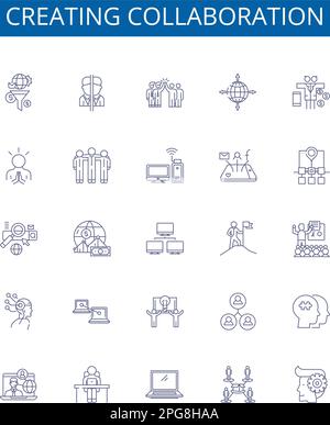 Creating collaboration line icons, signs set. Cooperating, Uniting ...