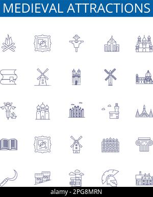 Medieval attractions line icons signs set. Design collection of Castles ...