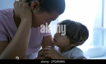 Mother educating child misbehavior. Small boy feeling guilty emotion ...