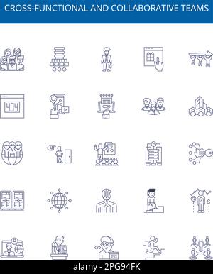 Cross-functional and collaborative teams line icons signs set. Design ...