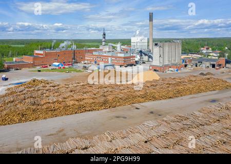 Aerial view over stacked tree trunks / wood piles at paper mill and ...