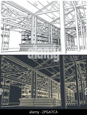 Stylized vector illustrations of the interior of a large warehouse with ...