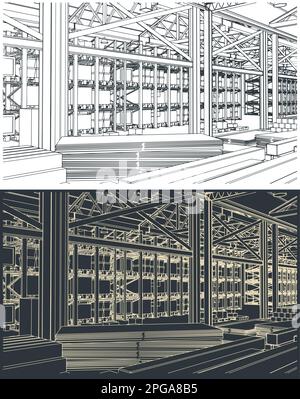 Stylized vector illustrations of the interior of a large warehouse with ...