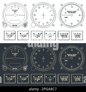 Stylized vector illustration of blueprints of airplane control panel ...