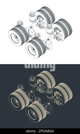 Stylized vector illustration of blueprints of lift axle for trailer ...
