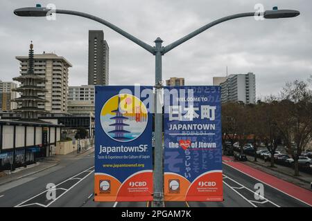 A close-up of the official logo of Japantown, which features the word ...