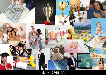 Vision board design. Collage with different photos representing dreams ...