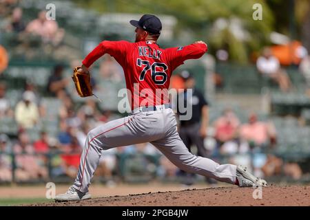 Boston Red Sox pitcher Zack Kelly poses during photo day at the team's ...