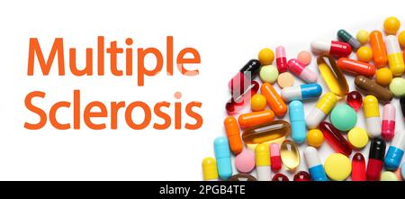 Multiple sclerosis treatment. Many different pills on white background ...