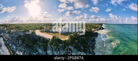 Aerial view of the Tulum ruins castle from right in top, Tulum ...