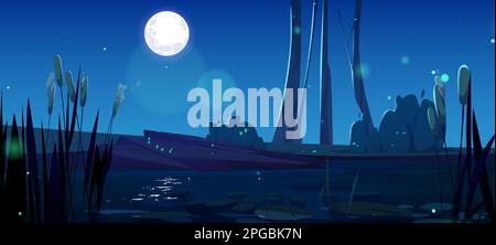 Swamp and cattail near lake, night, morning or sunset vector background ...