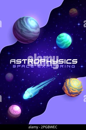 Astrophysics poster with starry galaxy and planets in space, vector ...