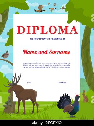 Hunter or conservationist diploma. Cartoon forest animals and birds ...