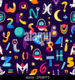 Kids space cartoon letters and numbers seamless pattern. Vector ...