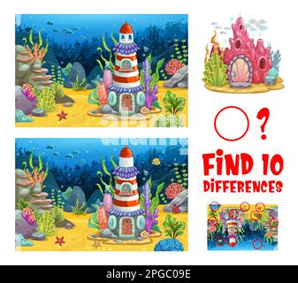 Find ten differences on underwater landscape with coral house. Kids ...
