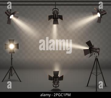 Realistic spotlights. Lamp on tripod stand, photo studio or stage light ...