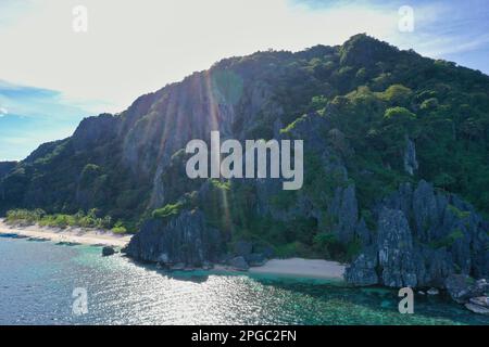 Panorama drone shot of the paradisiacal beach of Coron, Palawan in the ...