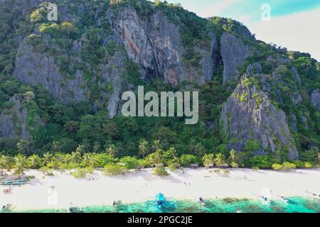 Panorama drone shot of the paradisiacal beach of Coron, Palawan in the ...