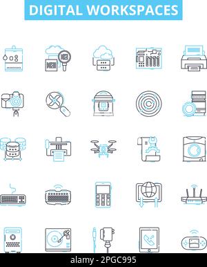 Digital workspaces vector line icons set. Digital, Workspaces, Virtual ...