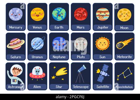 Solar system flashcards for kids. Planets, Sun and Moon with names on ...