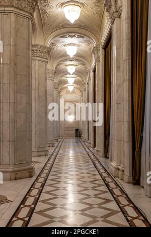 Imposing state rooms inside the Parliament buildings in Bucharest ...