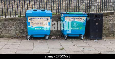 A wheely bin on the seafront at Hartlepool,England,UK specifically for ...