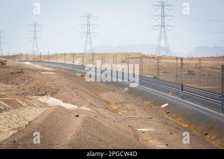 Aerial view of dry mountains with digging under infrastructure ...